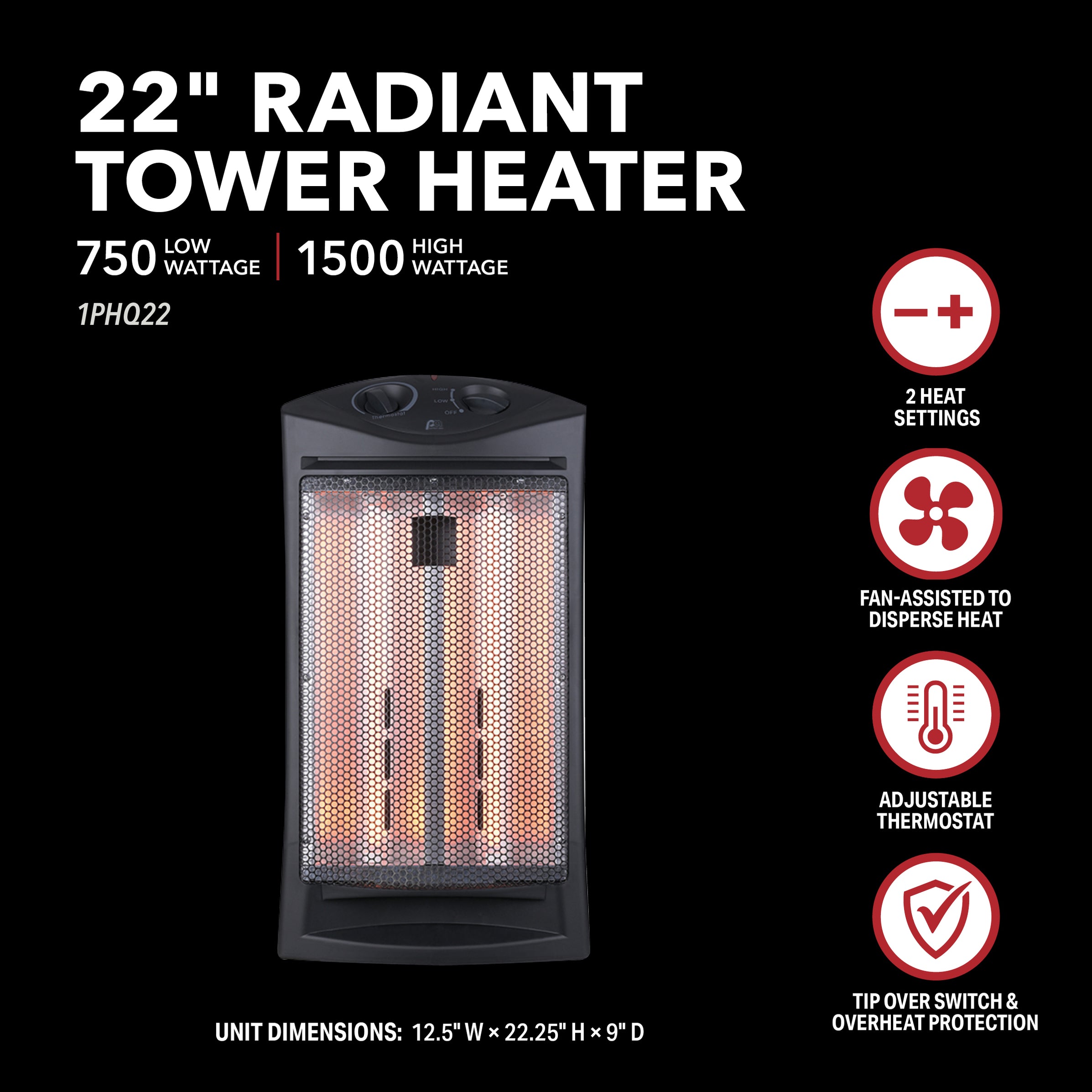 1500/750W Infrared Radiant 22" Tower Heater, Black — Perfect Aire
